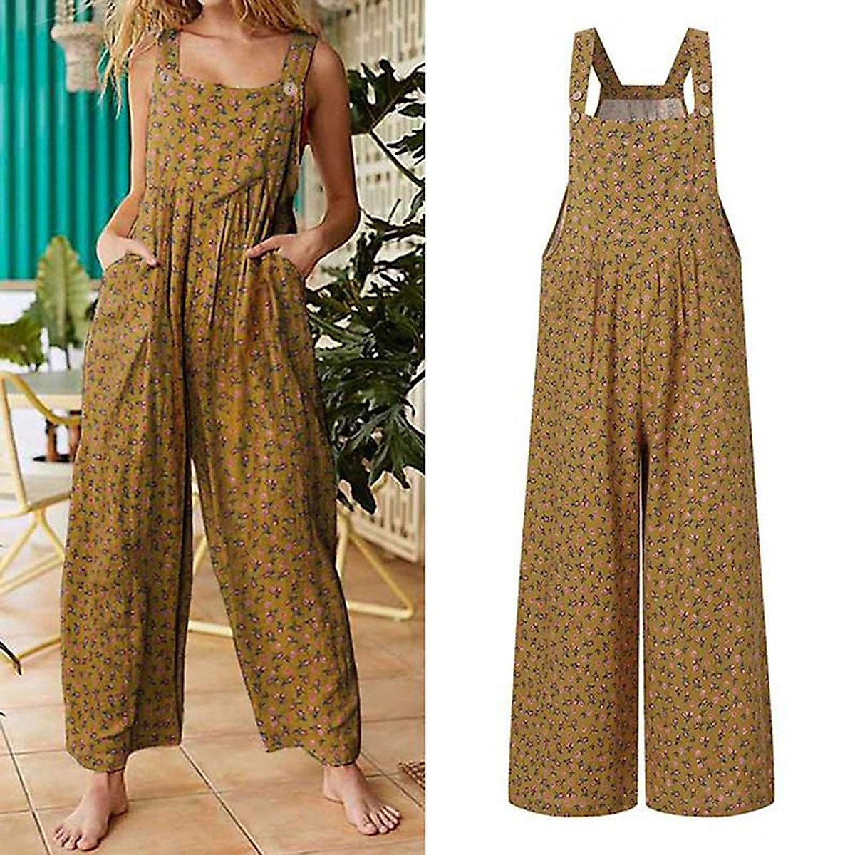 Padaleks Women's Summer Vintage Floral Print Jumpsuits Sleeveless Overalls Romper Boho Baggy Long Pants w/Pocket