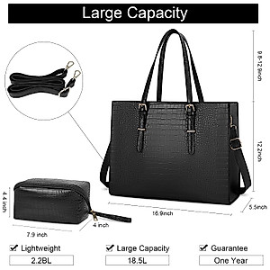 Laptop Bag for Women 15.6 inch Laptop Tote Bag Leather Classy Computer Briefcase for Work Waterproof Handbag Professional Shoulder Bag Women Business Office Bag Purse 2pcs Set (Dark Black)