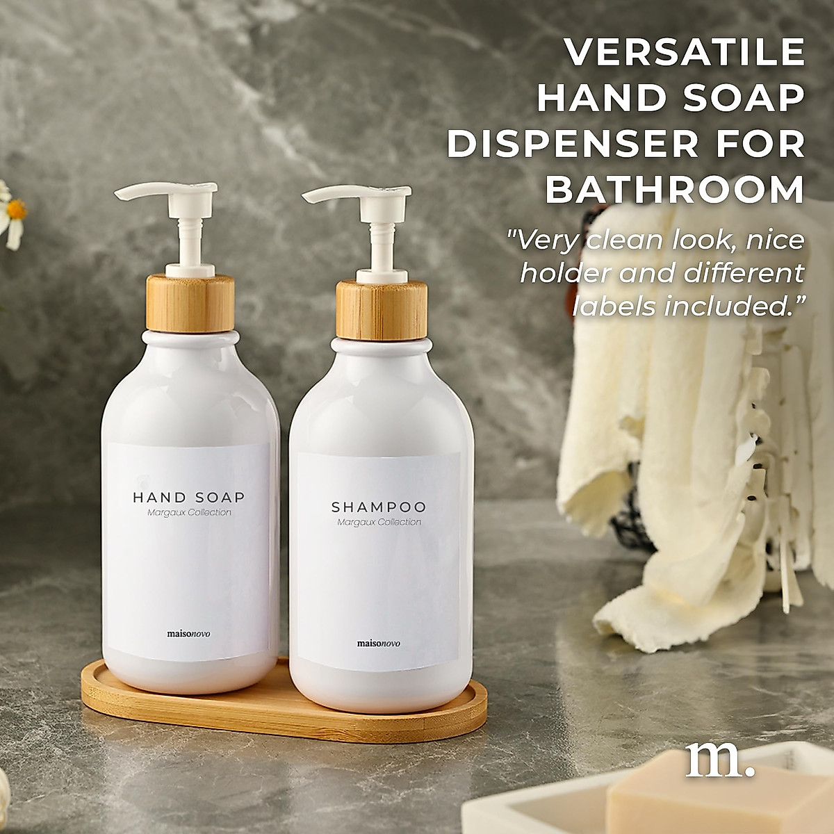 MaisoNovo Kitchen Soap Dispenser Set - Plastic Soap Dispenser with Pump - White Bamboo White Pump 16.9 fl oz - Bathroom Soap Dispenser Set of 2 - Soap and Lotion Dispenser Set with Tray