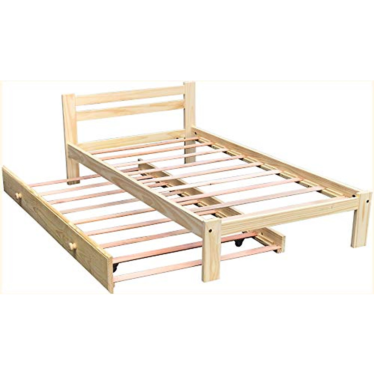 Twin Trundle Bed Wooden Bed Solid Pine Wood with Slats Support Unfinished Single Wooden Bed Frame Suitable for Bedroom and Wheeled Trundle Bed