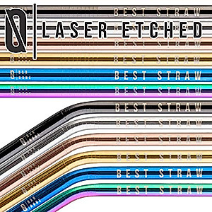 BAR NONE Best Straws Set of 12 | 10.5" Long Wide Rainbow Multi Colored Stainless Steel Metal Drinking Straws Reusable Straight & Curved Cleaning Brushes & Silicone Tips Straw Brush Cup Drinks