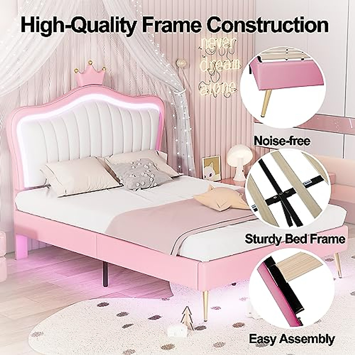 YSWH Full Size Upholstered Princess Bed, Platform Bed Frame with Adjustable Crown Shaped Headboard and LED Lights, Fun Cute Bed Princess Bed for Kids, Bedroom Furniture Upholstered Bed (White + Pink)