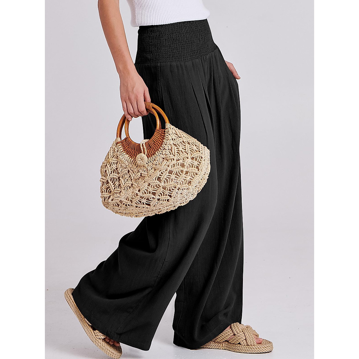 ANRABESS Women Linen Palazzo Pants Summer Boho Wide Leg High Waist Casual Lounge Pant 2024 Beach Travel Vacation Outfits Black Medium