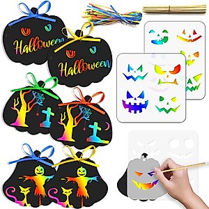 72Pcs Halloween Scratch Paper, Scratch Art Paper Crafts Halloween Magic Rainbow Scratch Paper with 24 Wooden Sticks and 72 Colorful Ribbons, Halloween Art Cards Perfect for Kids Church DIY(Pumpkin)