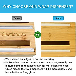 Plastic Wrap Dispenser with Cutter, 100% Bamboo Wood Aluminum/Tin Foil and Parchment/Wax Paper Organizer for Drawer, Wall-Mount Kitchen Roll Holder Compatible with 13.78"