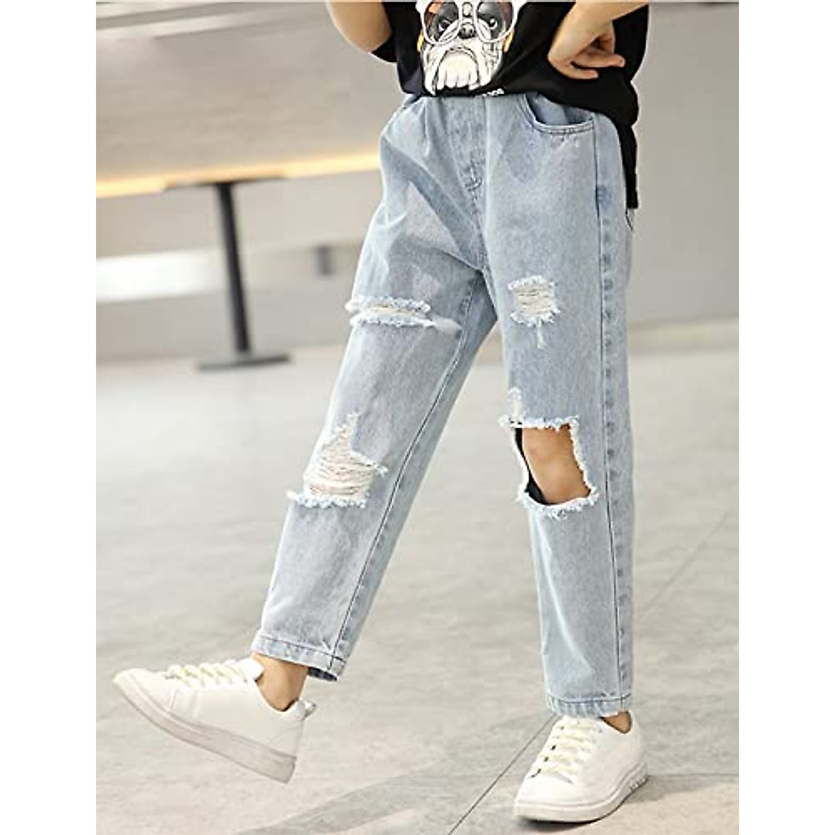 QIBABU Kid Big Girl's Baggy Ripped Jeans Elastic Waist Washed Denim Pants for 8-14 Years(0865-Blue-14Y-QB)
