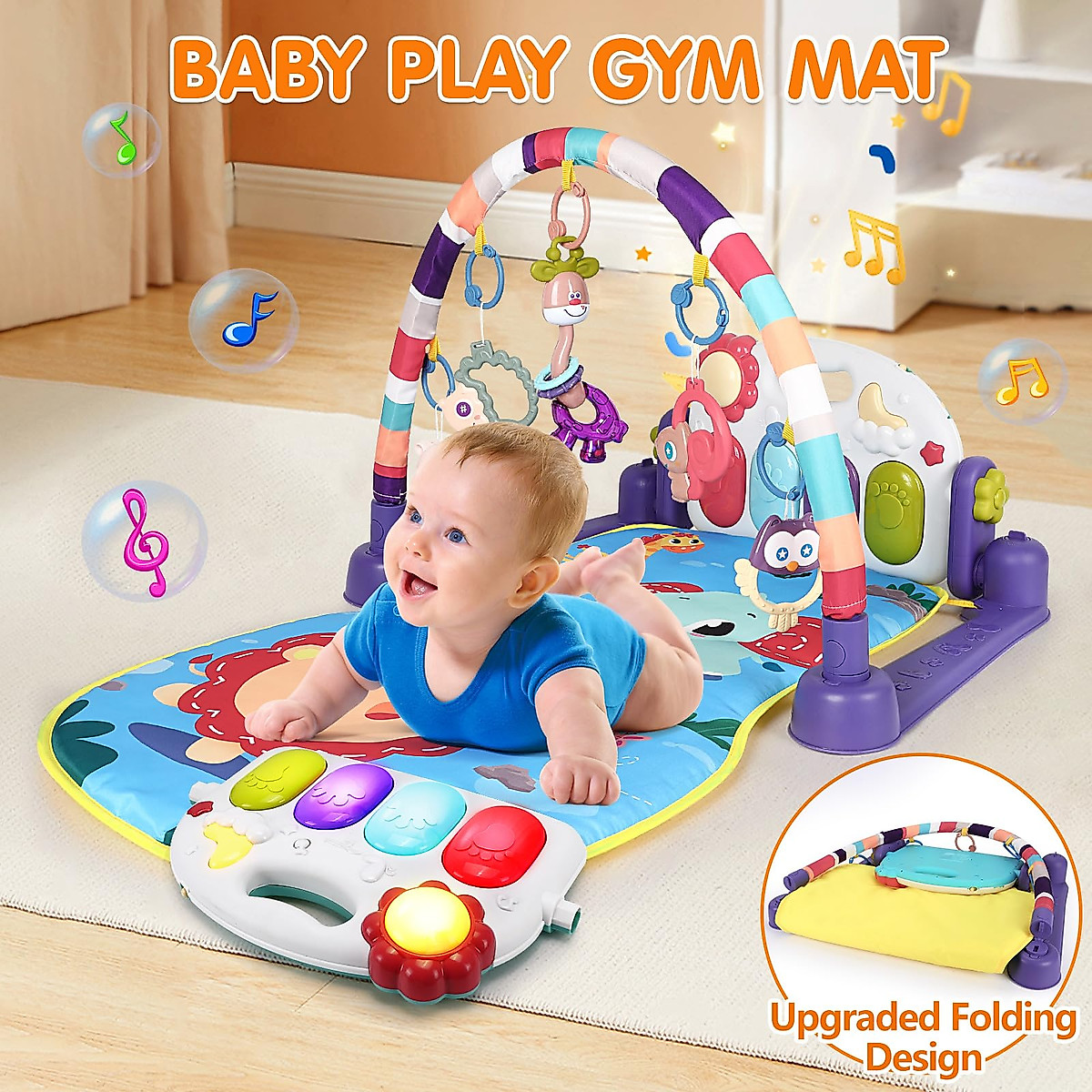 UMIKU Baby Gym Play Mats Tummy Time Mat Musical Activity Center for Newborn Infant Folding Design Piano Music & Light Newborn Infant Gifts for Baby Toys 0-3 6 9 12 Months, Animal Style