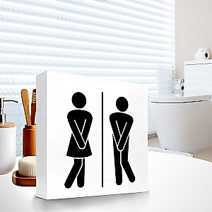 Wc Toilet Funny Male Female Sign Wood Block Sign Desk Decor,Rustic Wooden Box Plaque Sign Desk Decor for Home Office Toilet Bathroom Restroom Shelf Table Decorations