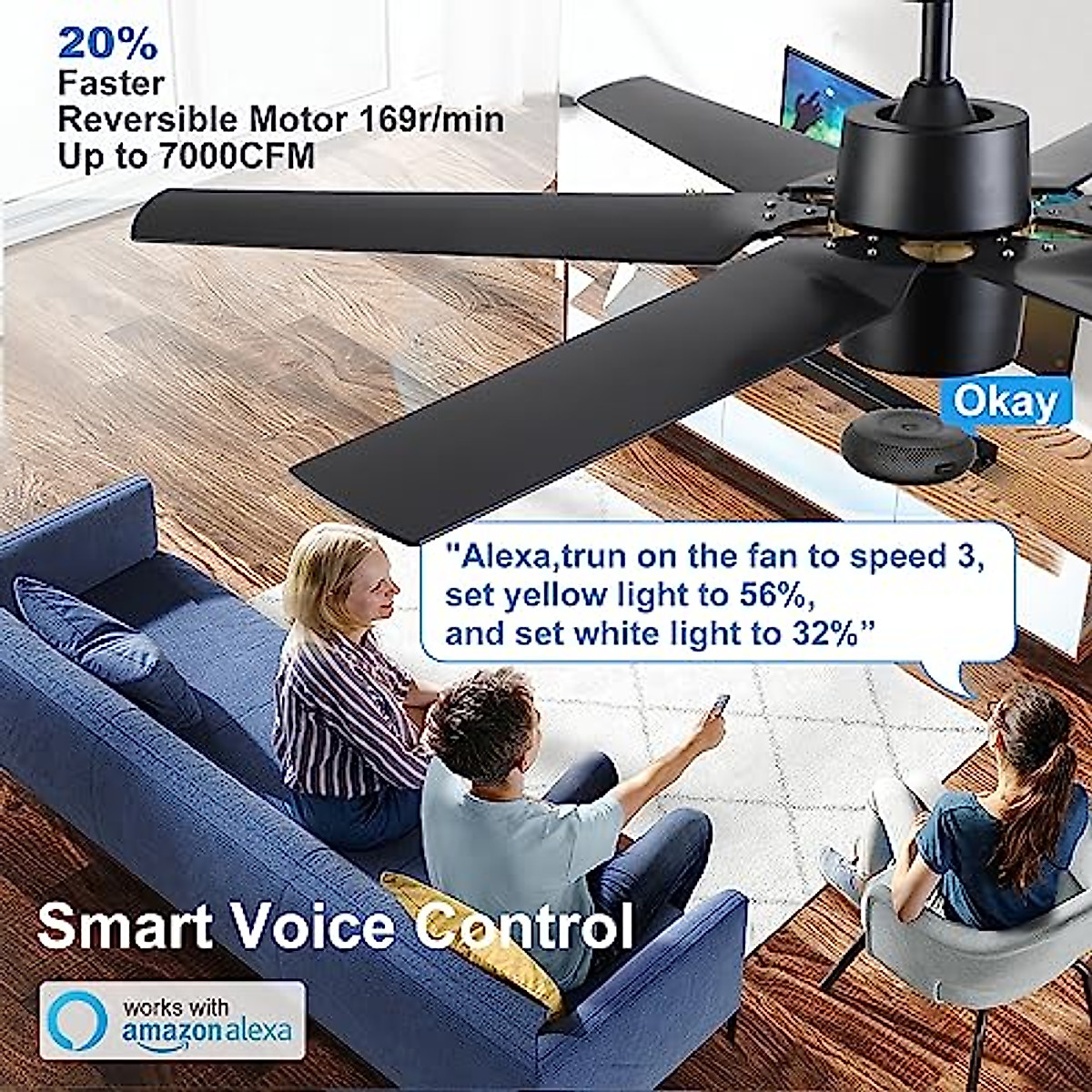 POCHFAN 60 inch Black Ceiling Fans with Lights and Remote, Modern Smart Ceiling Fan Compatible with Alexa, Google Home & Smart APP, Reversible Dimmable DC Ceiling Fan for Indoor or Covered Outdoor