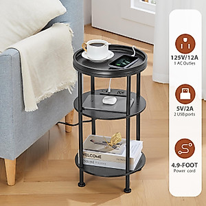 Small Round Side Table with Charging Station for Small Spaces, 3-Tier Round Accent Table with USB Ports & Power Outlets,Round Corner Table Tea Sofa Side Table for Living Room Bedroom Apartment (Black)