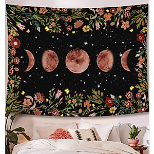 Rexful Moonlit Garden Tapestry, Moon Phase Surrounded by Plants and Flowers Black Wall Hanging Blanket 44×60 inch