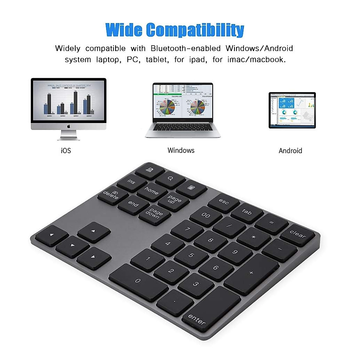 Numeric Keypad, Rechargeable Aluminum Alloy 34 Keys Mini Bluetooth Numpad, Slim External Numpad Keyboard Data Entry Support Windows, iOS, Android System