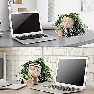 WEWEOW Face Planter Pot - Double Flower Pots in One for Indoor Outdoor Plants Resin Head Planter with Drainage Hole Cute Lady Face Plant Pots