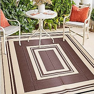 Alfolo Outdoor Rug 5x7 Waterproof Plastic Straw Outdoor Patio Rugs for RV, Camping Rugs,Porch Balcony Rugs,Deck Rugs,Pool Rugs, Indoor Outdoor Rugs Brown Beige