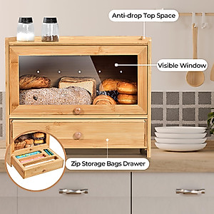 Bamboo Bread Box with Storage Bags Organizer, Corner Bread Box for Kitchen Countertop, Bread Box for Homemade Bread with Window, Bamboo Kitchen Zip Baggie Organizer for Drawer, Pantry Counter Corner