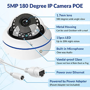 HD 5MP 4MP PoE IP 180 Degree Wide Angle Dome CCTV Security Camera 1.7mm Fisheye Lens Outdoor/Indoor H.265 with Mic/Audio Night Vision Surveillance Network Camera