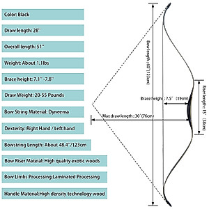 OBTOUTDOOR Black Hunter Recurve Bow 20lbs-55lbs 51Inches Traditional Handmade Wood Recurve Bow for Archery Hunting Recurve Bow