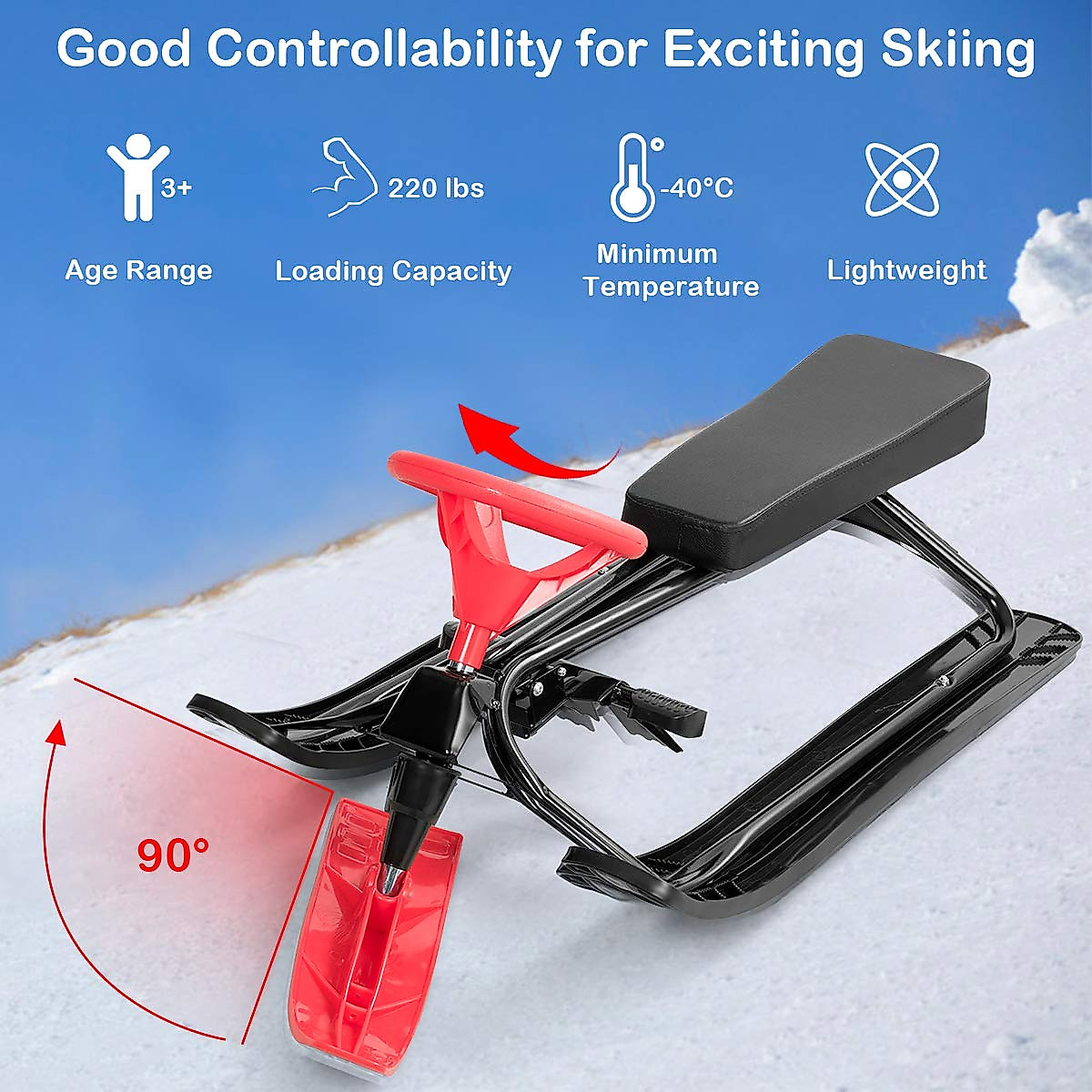 Goplus Steering Ski Snow Racer Sled w/Twin Brakes, Steel Frame & High Density HDPE Sledge for Teens and Kids Age 3 & Up (Red)