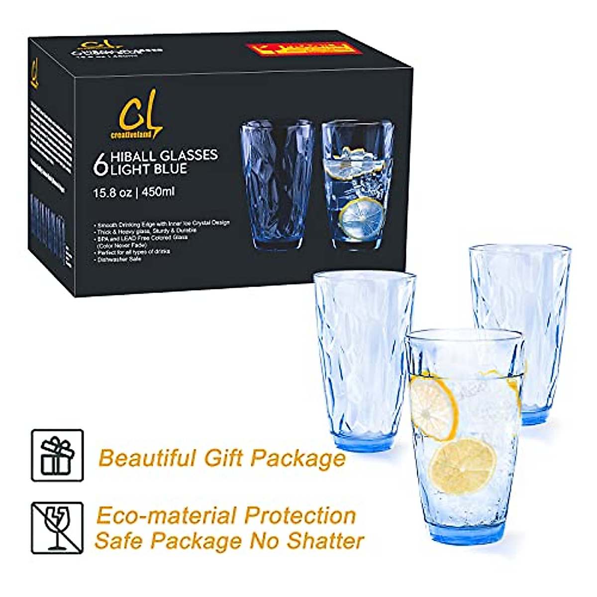 CREATIVELAND Highball Glass Tumbler Light Blue Set of 6, for Water,Cocktail,Juice,Beer,Iced Coffee,Clear Blue Glassware for Bar Kitchen,Thick & Heavy Glass Drinking Glasses with Heavy Base 16oz/450ML