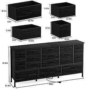 Fixwal 63.3 Inch Large Black Dresser for Bedroom, 16 Drawer Dresser, Long TV Stand for 55, 65, 70 Inch TV with Power Outlets, Fabric Chest of Drawers for Bedroom, Living Room, Entryway, Black