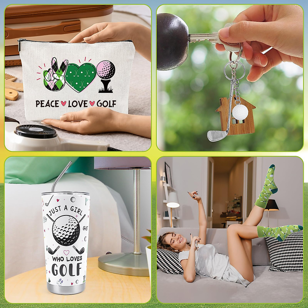 Keluna Golf Gifts for Women Golfers - 4Pcs Womens Golfing Accessories Gifts Set, 20oz Golf Tumbler Funny Golfer Socks Keychain Makeup Bag for Lady Girls Golfing Party Favors Birthday