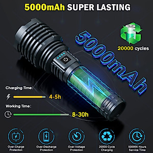 Flashlights 1800000 High Lumens, Super Bright Rechargeable Flash Light, Powered by Battery, Waterproof Powerful LED Flashlights-Zoomable 5 Modes-31H Runtime-Holster for Emergency Camping