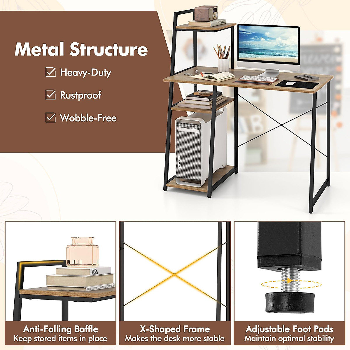Giantex Computer Desk with Shelves, 47.5” Home Office Desk with Bookshelf, Host Stand, Metal Frame, PC Laptop Workstation, Modern Study Writing Desk for Bedroom, Small Space (Natural & Black)
