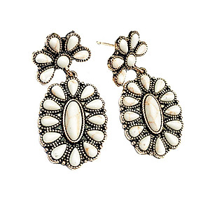 Vintage Boho Statement Drop Earrings Oval Imitate Turquoise Ethnic Charms Flower Dangle Earring for Women Jewelry Gift (white)