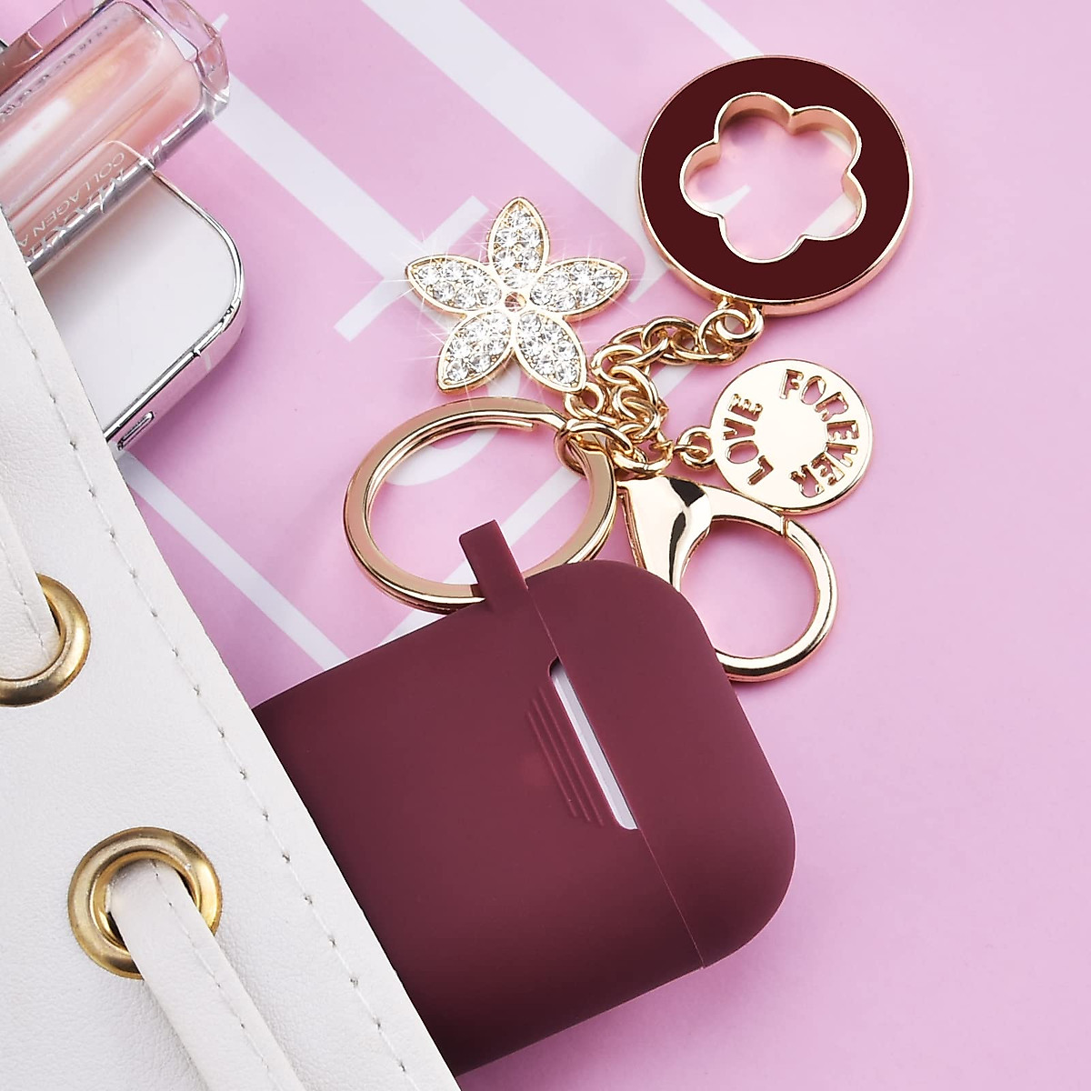 Bling AirPods 2nd Generation Case, VISOOM Cute Airpod Case 1st Generation with Keychain for Apple Airpod Case Cute Glitter Air Pod Case iPod Case Cover Women/Girls Silicone AirPods 2 Case(Burgundy)