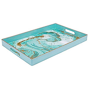 MAONAME Turquoise Serving Tray with Handles, Plastic Decorative Tray for Coffee Table, Marbling Rectangular Tray for Bathroom, Ottoman, Storage, 15.7" Lx 10.2" W X 1.57" H