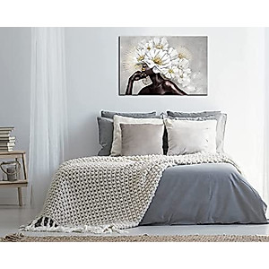 ARTINME Framed African American Black Art Women with Glod Flowers Wall Art Hand-Painted on Canvas Print Wall Picture for Home Accent Living Room Wall Deco 24"x36"