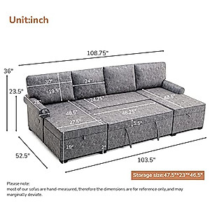 MOEO 108.75" U-Shaped Living Room Sectional Sofa with 2 Chaise Lounges, Large Reversible 6-Seater Couch w/Two USB Port Plug, Storage, Pull Out Bed, Upholstered Nail Head Trim, Grey