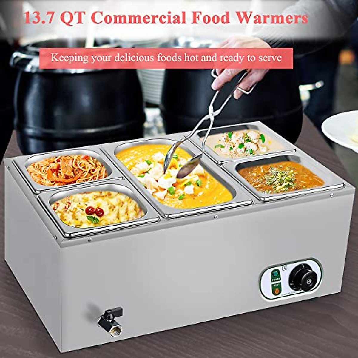 Commercial Food Warmer, 13.7 Qt Steam Table Buffet Food Warmers 1500W 110V 5-Pan Stainless Steel Bain Marie Soup Warmer Adjustable Temp 86-185℉Warmers for Food Party, Catering, Restaurants w/2 Ladles
