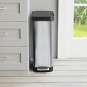 Glad Slim Trash Can with Clorox Odor Protection - Narrow Kitchen Garbage Bin with Soft Close Lid, Step On Foot Pedal and Waste Bag Roll Holder, Stainless Steel, 45 Liter