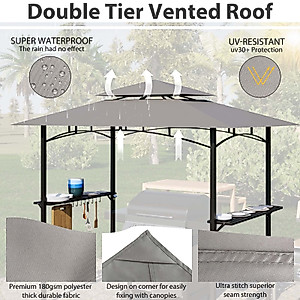 8x5 Ft Grill Gazebo, Double Tiered Outdoor BBQ Gazebo with 2 Side Shelves, Hooks, Bottle Opener, Barbecue Grill Shelter for Patio, Garden, Beach, Backyard and Picnic (Gray)