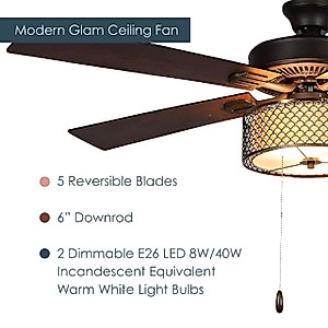 RIVER OF GOODS Mid-Century Modern Transitional LED Bronze Chrome Ceiling Fan - 52" L x 52" W - Rich Barnwood/Light Driftwood Fan Blades - Metallic Ceiling Fan with Light and Fabric Shade