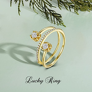 FOREVER QUEEN Four Leaf Clover Ring 925 Sterling Silver Adjustable Lucky Braided Wrap Wave Stacking Promise Statement Cocktail Party Ring,Gold