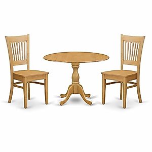 East West Furniture DMVA3-OAK-W 3 Piece Dinette Set for Small Spaces Contains a Round Dining Table with Dropleaf and 2 Dining Room Chairs, 42x42 Inch, Oak