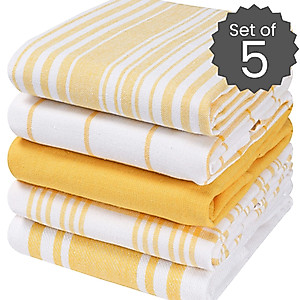 Cotton Clinic Assorted Kitchen Towels 5 Pack – Soft Absorbent Quick Drying Table & Kitchen Linen - Dish Towels, Dish Cloths, Tea Towel and Cleaning Towel with Hanging Loop – 16x28 / Yellow White