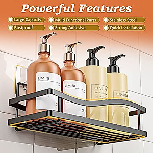 AUOTTO 6-Pack Shower Organizer, Large Capacity Shower Caddy, Stainless Steel Bathroom Organizer, No Drilling & Large Space & Rustproof & Strong Adhesive, Shower Shelf Bathroom Shelves Storage, Black