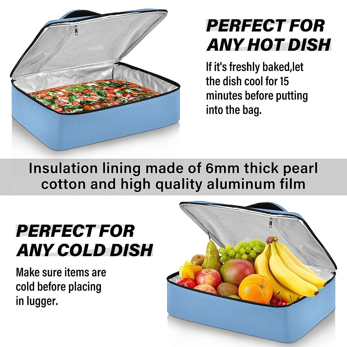 Kigai Plain Blue Gray Solid Color Double Insulated Casserole Carrier For Hot or Cold Food, Expandable Hot Food Carrier Bag, Insulated Food Bag for Parties, Beach, Picnic, Camping