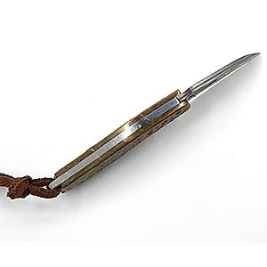 Cool Hand 2'' EDC Flip Joint Folding Knife, Small Pocket Knives w/ 1.25'' VG10 Damascus Steel Blade, Brass Handle w/Leather Lanyard，Tin Box Packaging