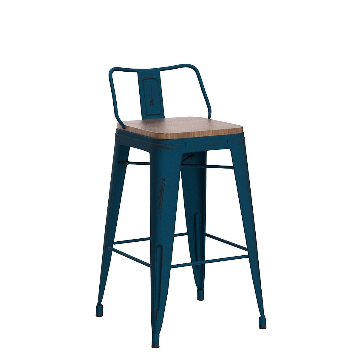 Andeworld Bar Stools Set of 4 Counter Height Stools Industrial Metal Barstools with Wooden Seats(24 Inch, Distressed Navy)
