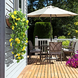 EuroBird Artificial Flowers Hanging Basket for Outdoor Indoor, Fake Silk Flowers, Handmade Metal Wall Mount Basket with Artificial Rose Flowers for Home, Patio, Garden, Lawn Decoration (Yellow)