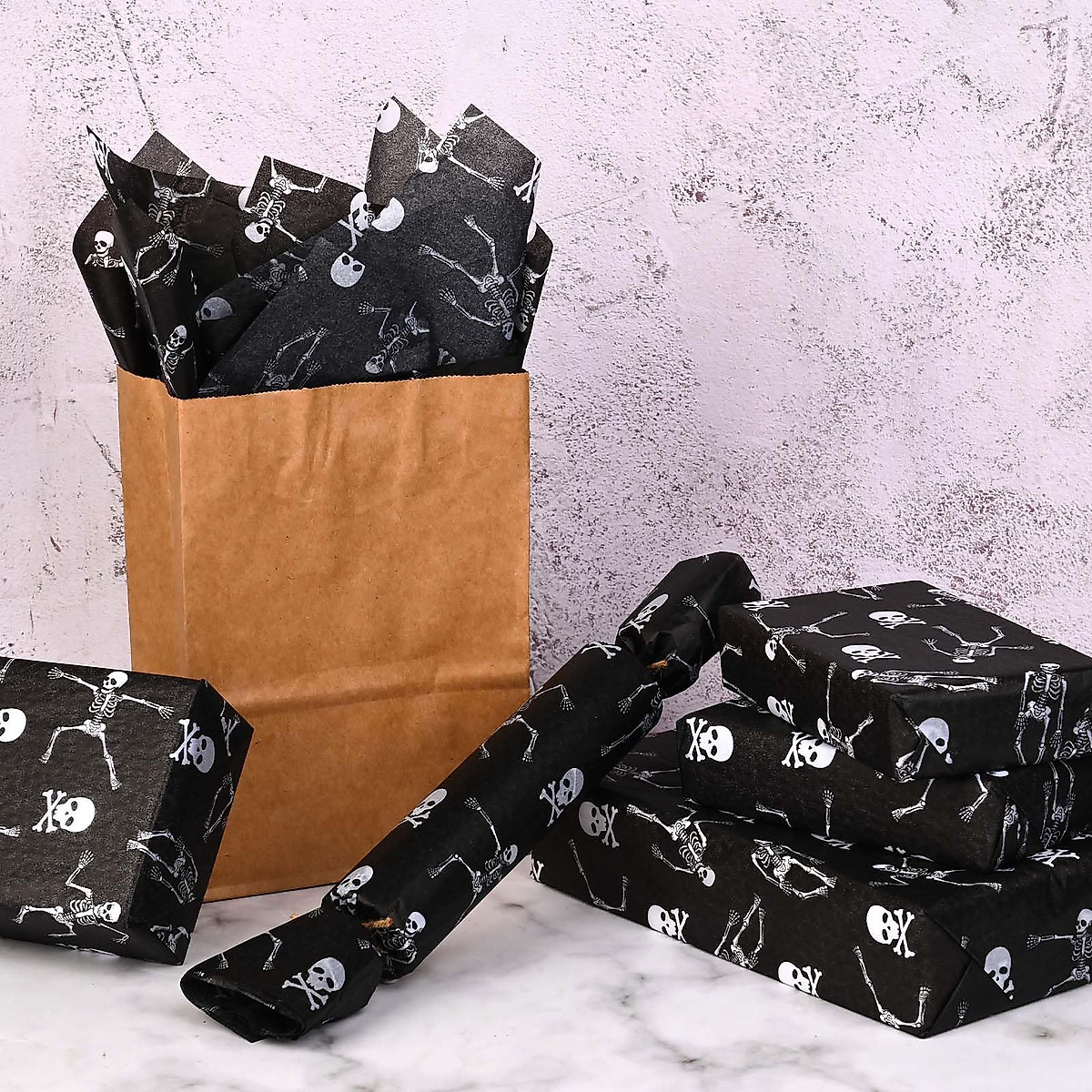 Bolsome 100 Sheets 20 × 14 Inches Halloween Tissue Paper for Gift Packaging Black White Dancing Skeleton Patterned Tissue Paper for Halloween Trick or Treat Party DIY Craft