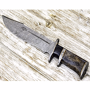 SHOKUNIN USA Bowie knife, 13.0",Handmade Hunting Knife, Bone Handle, Hand Stitched Leather Sheath