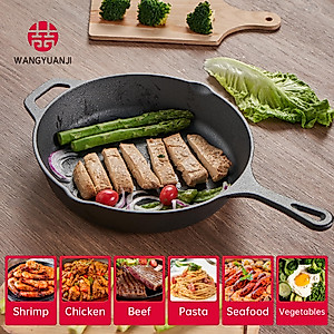 WANGYUANJI Cast Iron Grill Pan,10Inch Non-coating Frying Pan,Multi-Functional Pan for Bake,Fry,Stir-Fry,Sauté,Suitable for Outdoors with Oil Brush and Spatula