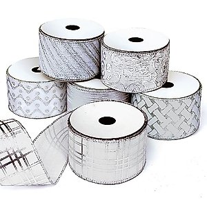 Christmas Ribbon Wired, 6 Rolls 2.5 Inch 36 Yard Silver Sheer Glitter Organza Wired Edge Ribbons for Christmas Tree, Gift Wrapping, Assortment Ribbon for Crafts, DIY, Christmas Tree Ribbon