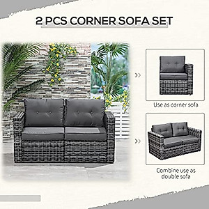 Outsunny 2 Piece Patio Wicker Corner Sofa Set, Outdoor PE Rattan Furniture, with Curved Armrests and Padded Cushions for Balcony, Garden, or Lawn, Lawn, Grey