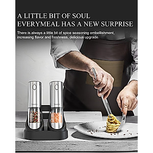 [Upgraded Larger Capacity]Electric Salt and Pepper Grinder Set Tomentific, Automatic Pepper Mills with Easy-to-Carry Dual Charging Station and Adjustable Coarseness, LED Light, Stainless Steel